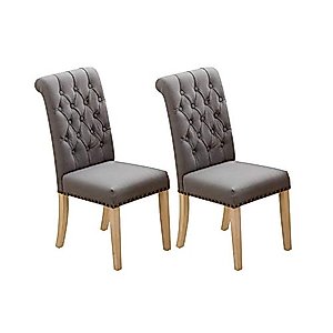 Luxuriour Fabric Dining Chairs with Copper Nails and Solid Wood Legs Set of 2 (Dark Grey)