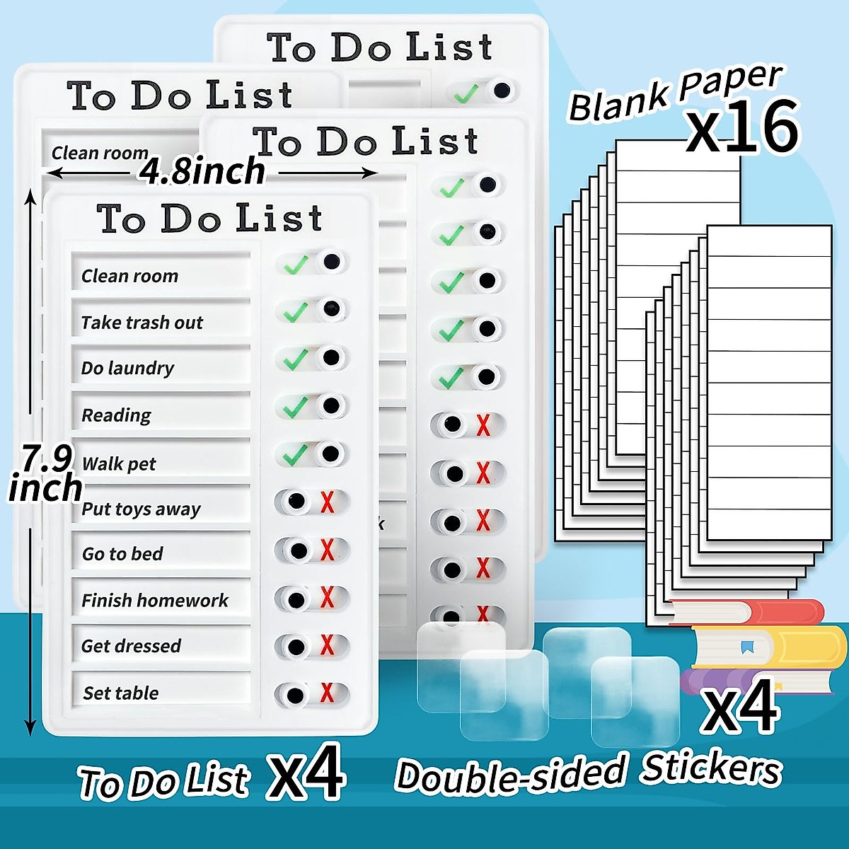 4 Pieces Chores Chart for Kids Multiple Kids - Reusable to Do List with Detachable Cardstock, Sliding Routine Chart, Daily Schedule, and Checklist Board