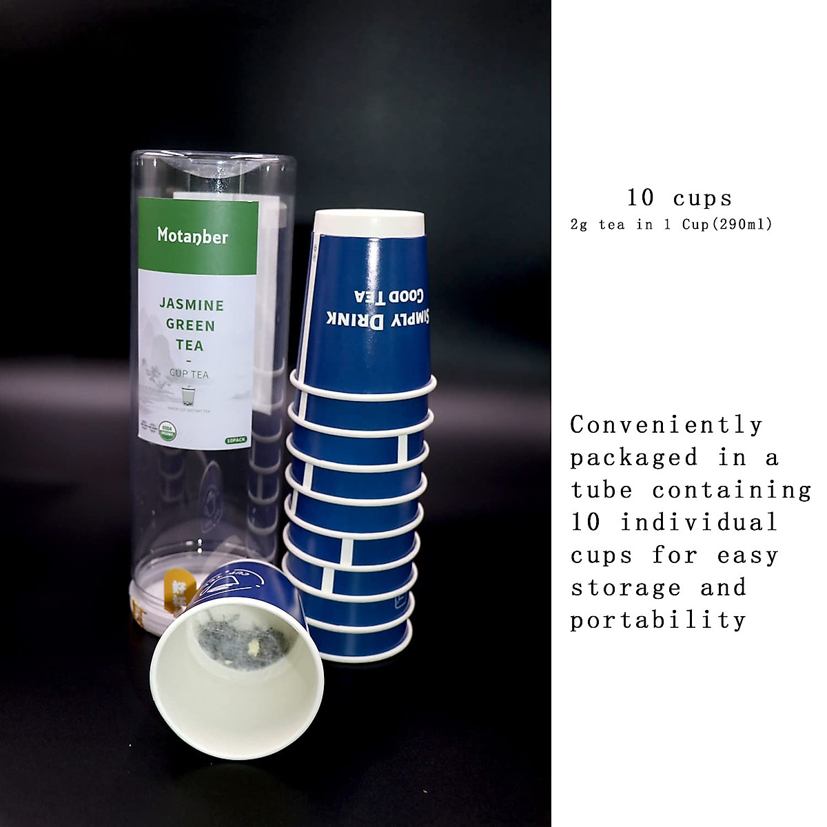 Motanber Jasmine Cup Tea - Paper Cup Instant Tea, Jasmine Green Tea Flavor, Camping cup tea,portable tea,food grade paper cup with tea,1 cup with 2g tea(10 Cups) (Jasmine)