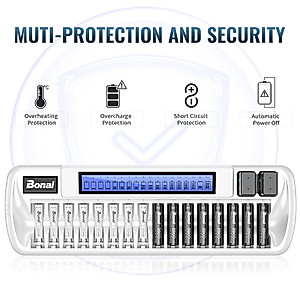 Bonai 16+2 Bay AA AAA 9V Battery Charger for NiMH NiCD Rechargeable Batteries Independent Control with Smart LCD Display and AC Wall Adapter, Battery not Included - White