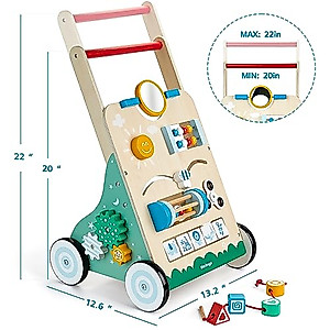 medoga Wooden Baby Walker, 10 in 1 Baby Activity Center Walker Adjustable Wood Toddler Walker Push Walker toy for Boys and Girls (BW001)