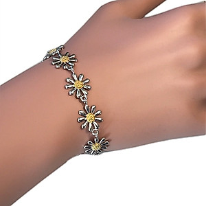 Paul Wright 925 Sterling Silver Daisy Bracelet, 10 Daisies with 18K Gold Plated Centres, 7” plus 1” Extender