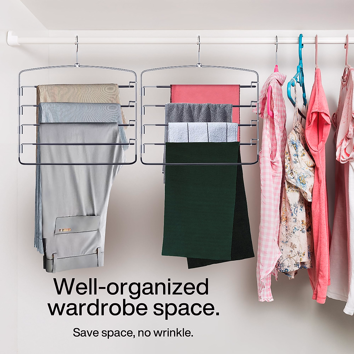 ARRIGO 3 Pack Pants Hangers Space Saving Non Slip Multiple Pants Hanger for Women with Swing Arm Closet Storage Organizer for Pants Jeans Trouser Leggings Scarf Tie