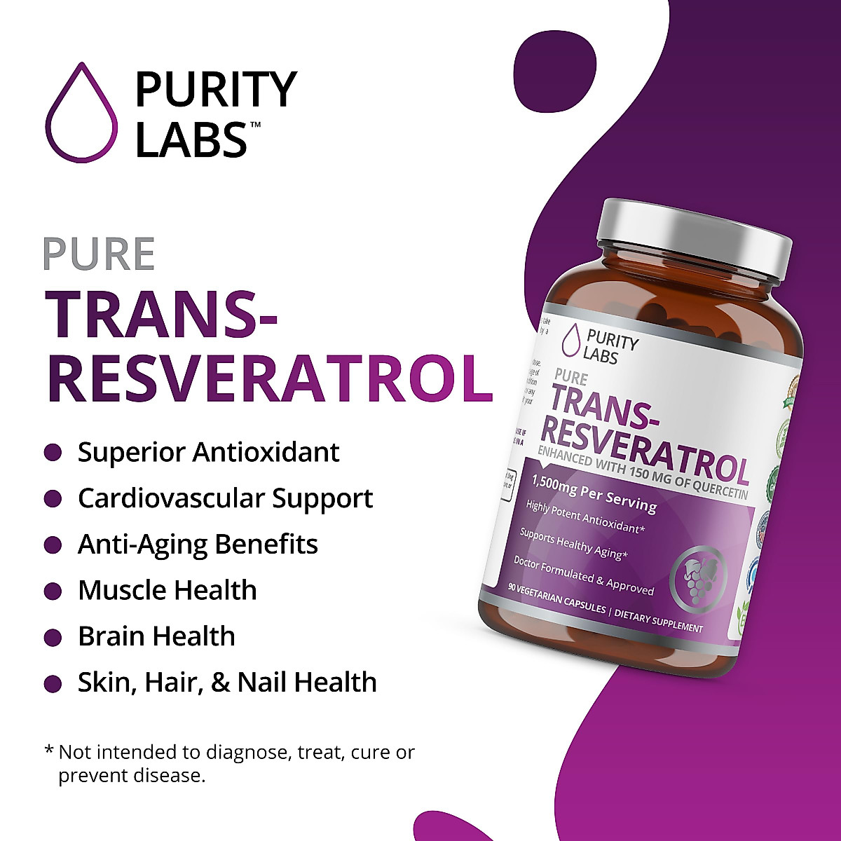 Purity Labs Pure Trans-Resveratrol Supplement + Quercetin 1500mg, Vegan Supplements for Heart, Skin Hair Nails, Anti Aging Antioxidant Supplement 90ct
