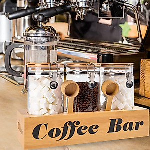 3Pcs Glass Coffee Canister with Shelf Printed Coffee Bar, Sugar Container, 3x53oz Glass Coffee Bean Storage Jars with Airtight Locking Clamp Lids Spoons, Coffee Containers Set Kitchen Food Storage Tea