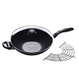 Swiss Diamond 12.5" 5.3Qt Wok HD Nonstick Diamond Coated Aluminum Wok, Includes Lid & Tempura Rack PFOA Free Dishwasher/Oven Safe Wok Grey…