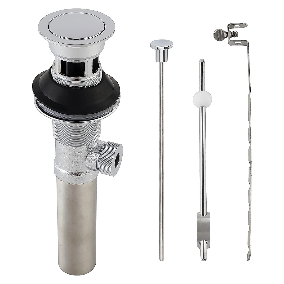 Bathroom Sink Drain with Overflow, Solid Brass Push and Seal Pop Up Drain Stopper Lift Rod, Bathroom Lavatory Vanity Vessel Sink Drain Compatible with Moen, American Standard, Universal Drain Hole