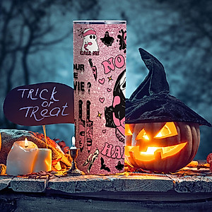 TUMBTU Ghostface 20oz Skinny Tumbler for Women Girls Spooky Vibes 20oz Horror Scary Face Theme Decor Insulated Cup with Lid -Vacuum Stainless Steel Coffee Mug Stemless Pink Cup