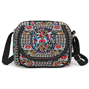 Vintage Embroidery 6.5" Canvas 3 zip Small Crossbody Bag Cell Phone Pouch Wallet Bag Coin Purse for Women (Black + Flower)