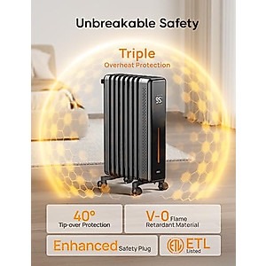 Dreo Oil Filled Radiator Heater, 1500W Electric Heaters for Indoor Use, Safety Heat for Large Room with Remote, 8 Fins, 4 Modes, Digital Thermostat, Overheat & Tip-Over Protection, 24H Timer, Quiet