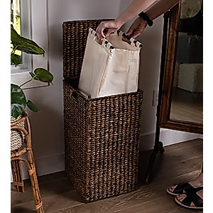 BIRDROCK HOME Single Laundry Hamper with Liner and Lid - Brown Wash - Hand Woven Natural Seagrass Fiber - Organize Clothes Storage - Easy Transport - Single Basket - Liner Bag