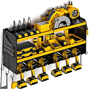 Spampur Power Tool Organizer Wall Mount with Charging Station, Garage Tool Shelf 6 Drill Holders, Tool Battery Holder with Screwdriver Heavy Duty Rack, Tool Storage Rack with 4 Outlet Power Strip