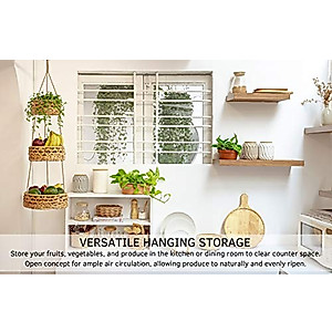 Hanging Shelves for Wall [Set of 2 w/ Hooks] Wooden Shelf, Hanging Fruit Basket Woven 3 Tier for Kitchen, Counter Space Saver Decorative Storage Boho Home Decor Planter Bathroom, Living Room Bedroom