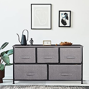 ZENY Extra Wide Dresser Storage Tower - Storage Tower Unit for Bedroom, Hallway, Closet, Office Organization - Steel Frame, Wood Top, Easy Pull Fabric Bins - 5 Drawers, Grey Top