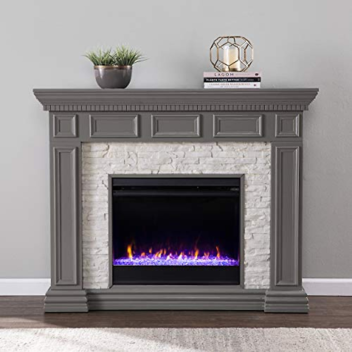 SEI Furniture Dakesbury Faux Stone Color Changing Electric Fireplace, Gray