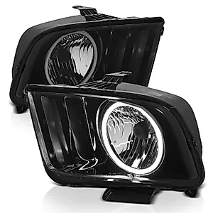 AmeriLite Smoke for 2005-2009 Ford Mustang Xtreme LED Halos Smoke Halogen Headlights Assembly Pair - Passenger and Driver Side