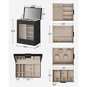 SONGMICS Jewelry Box with Glass Window, 5-Layer Jewelry Organizer with 3 Side Drawers, Jewelry Storage, with Vertical Storage Space, Big Mirror, Modern Style, Graphite Black and Silver UJBC162B01