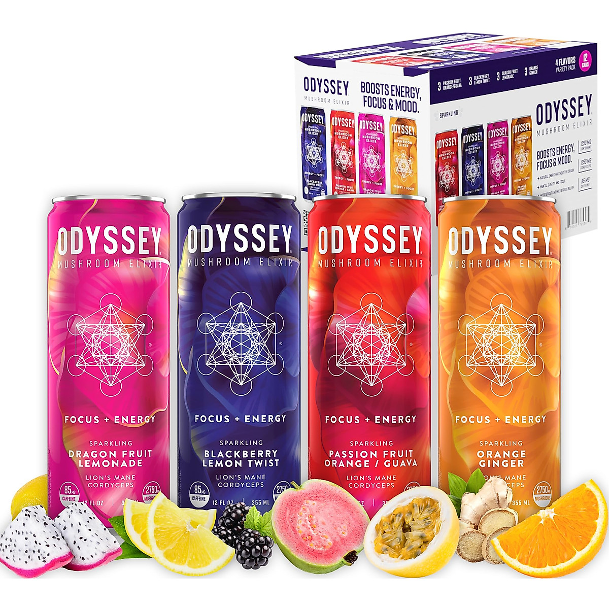 ODYSSEY ELIXIR Sparkling Mushroom Drink with Lions Mane and Cordyceps Adaptogenic Mushrooms, L Theanine and Green Tea Caffeine for Energy and Focus, 12 Fl oz, Variety Pack, 12 Cans