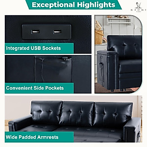 Naomi Home Lily Sectional Sleeper Sofa with USB Ports-L-Shaped Couch Convertible Pull-Out Bed, Ample Storage,Timeless Design,Sturdy Construction,Long-Lasting for Modern Living,Black, Air Leather