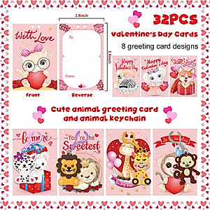 64 Valentines Day Cards with Animal Key Chains, Valentines Exchange Gifts Pendant Greeting Cards for Kids Teacher Prizes Activity Farmland Classroom Party Favors Decorations