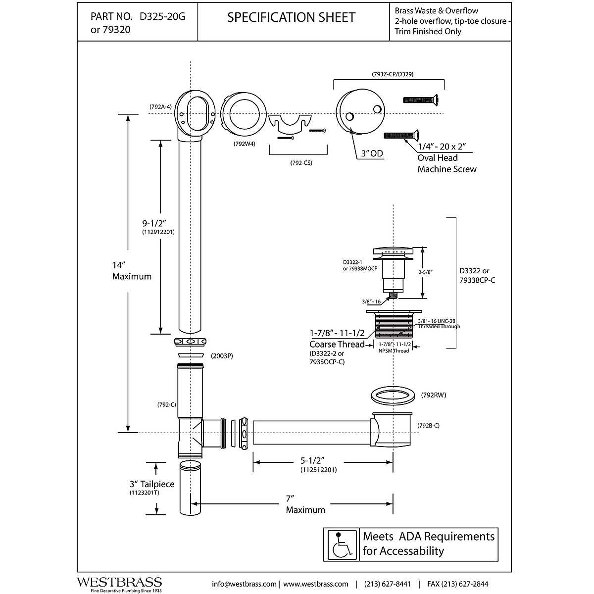 Westbrass D325-20G-12 14" 20 Gauge Brass Bath Waste & Overflow Assembly with Tip-Toe Drain Plug and 2-Hole Faceplate, Oil Rubbed Bronze