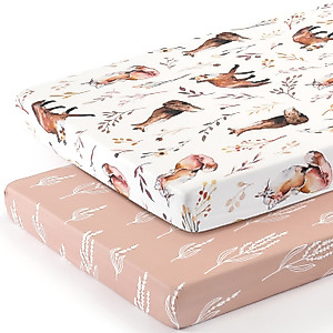 GRSSDER Stretchy Ultra Soft Jersey Knit Fitted Pack n Play Sheets Set 2 Pack, Fit Portable/Mini Crib, Playards Mattress Pads Safe and Snug, Pretty Fox for Baby Girls