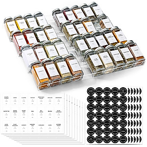 Brippo Spice Drawer Organizer with 35 Spice Jars, 328 Labels, Sift and Pour Shake Lids with Airtight Aluminium Caps, 4 Tier (2 Set) Clear Acrylic Drawer/Countertop Tray Rack with Seasoning Containers