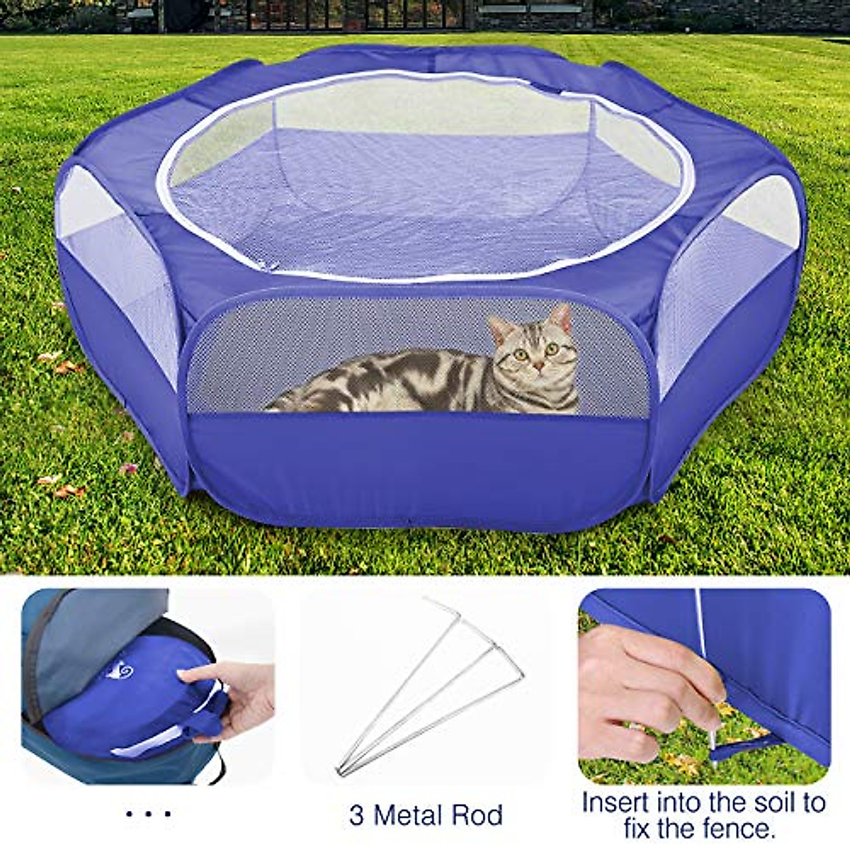 Pawaboo Small Animals Playpen, Waterproof Small Pet Cage Tent with Zippered Cover, Portable Outdoor Yard Fence with 3 Metal Rod for Kitten/Puppy/Guinea Pig/Rabbits/Hamster/Chinchillas, Indigo
