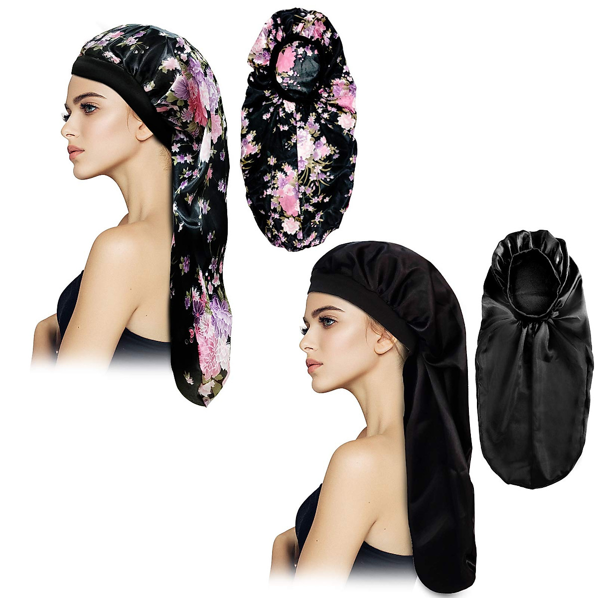 2Pcs Long Satin Bonnet Sleep Cap,Extra Large Braids Bonnets for Sleeping,Long Hair,Soft&Comfortable Elastic Band Bonnets for Women Night Sleep,Hair Bonnets for Women Satin (Black+Pink Pattern)