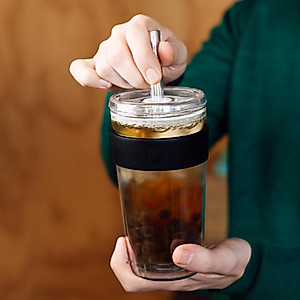 KeepCup Cold Cup - Longplay Double wall Glass Ice Coffee Tumbler with Lid and Straw - 16oz (454ml) - Black