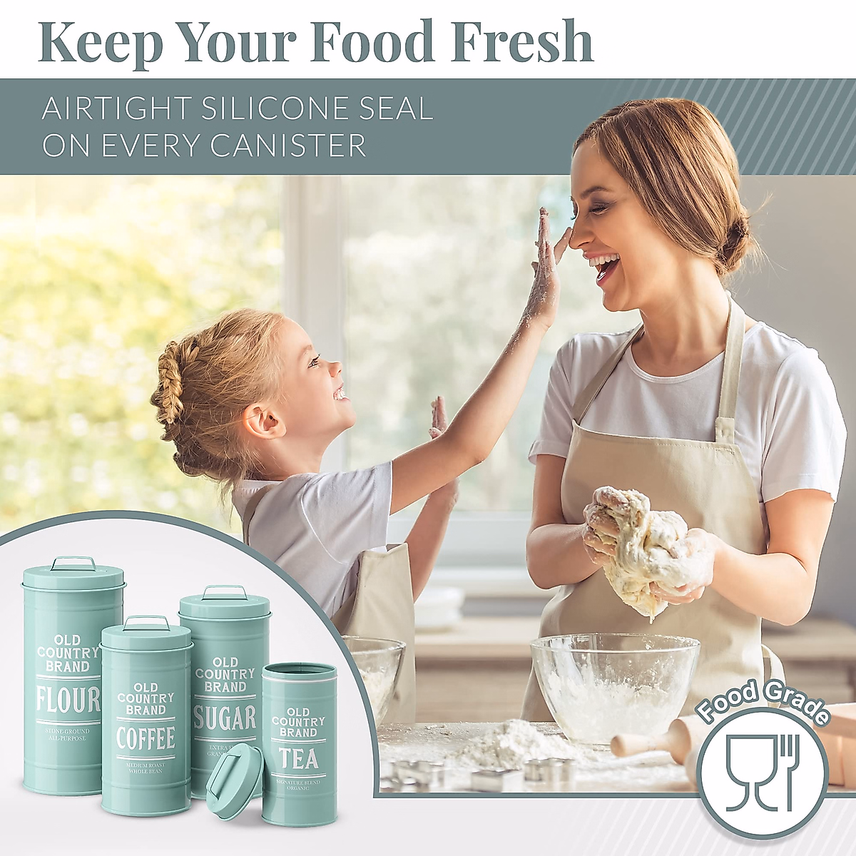 Barnyard Designs Canister Sets for Kitchen Counter, Farmhouse Canisters Sets for the Kitchen Countertop, Metal Canister with Lid, Coffee Tea Sugar Flour Container Set for Counter (Mint)