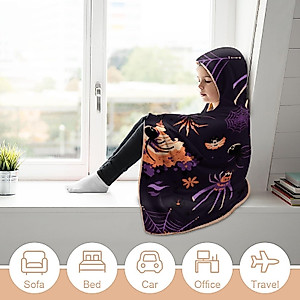 Seamless Pattern Halloween Spider Web Purple Hooded Blanket Happy Halloween Big Hug Fleece Hooded Blanket for Women Men Soft Cozy Blanket Snuggling Sofa Bedding 40"x50" Spring Summer Blanket Hoodie