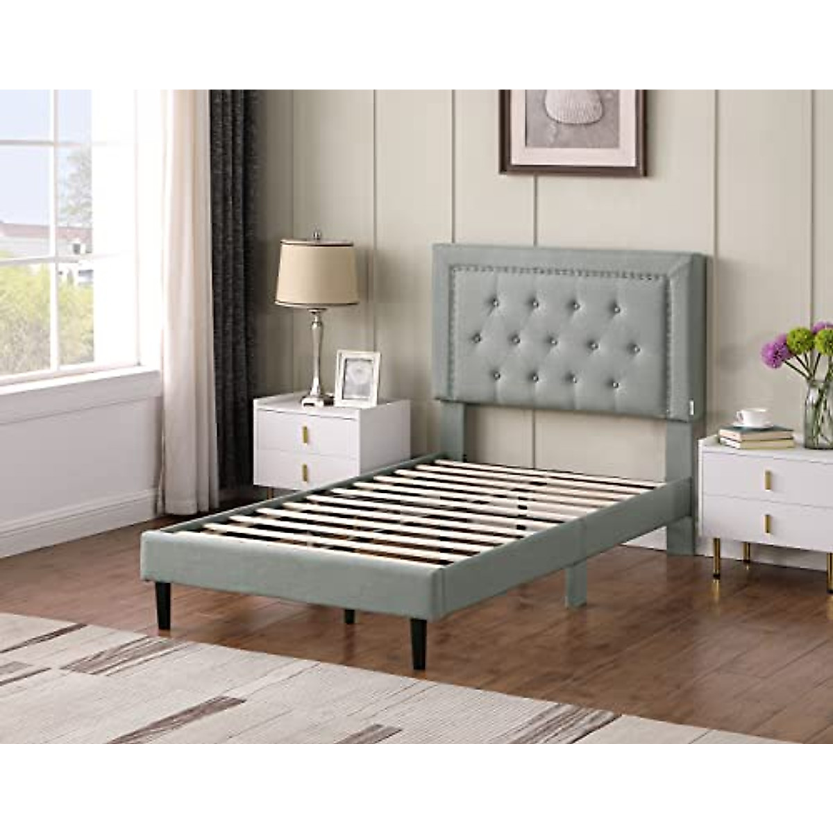 Twin Upholstered Platform Bed Frame with 48" Tall Adjustable Headboard - Button Tufted Linen Velour Bed - Wood Slat Support with Storage Space - No Box Spring Needed - Grey - Oliver & Smith - Berlin