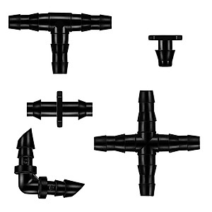 Irrigation Fittings Kit, Hoomtry Drip Irrigation Barbed Connectors for 1/4-Inch Tubing Flower Pot Vegetable Garden Lawn（Straight Barbs, Tees, Elbows, End Plug, 4-Way Coupling）