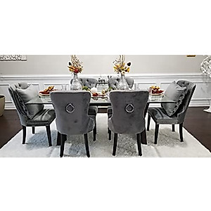 BEEY Velvet Upholstered Dining Chair Set of 4 Dark Grey Modern Tufted Accent Chairs with Nailhead Trim and Back Ring Pull,High Chair with Solid Wood Legs for Living Room Baronet Restaurant