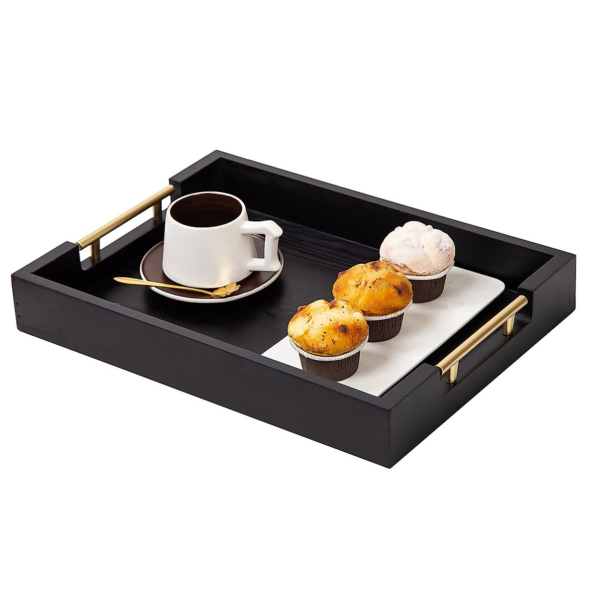 Decorative Coffee Table Ottoman Trays Modern Wood Elegant 16"x12" Rectangle Glossy Shagreen Serving Trays with Gold Metal Handles -Drinks, Liquor Serving Platter for All Occasion's(Black)