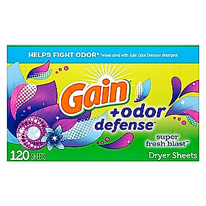 Gain + Odor Defense Fabric Softener Dryer Sheets, Super Fresh Blast Scent, 120 ct