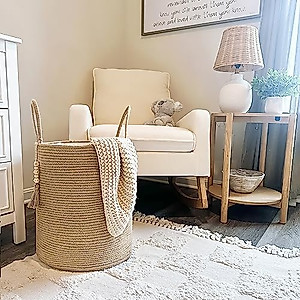 CherryNow Tall Woven Laundry Basket, Decorative Blanket Basket for Living Room, Round Wicker Basket for Towels, Clothes, Farmhouse Jute Basket for Home Decor, 15 x 17.7 inches