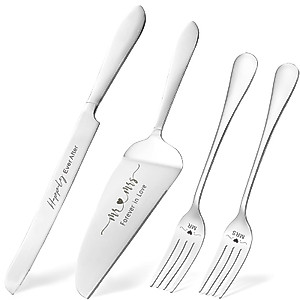 ROXBURGH Wedding Cake Knife and Server Set, Engraved Mr and Mrs Silver Forks Cake Cutting Set Pie Dessert Servers for Wedding Anniversary Bridal Shower Engagement