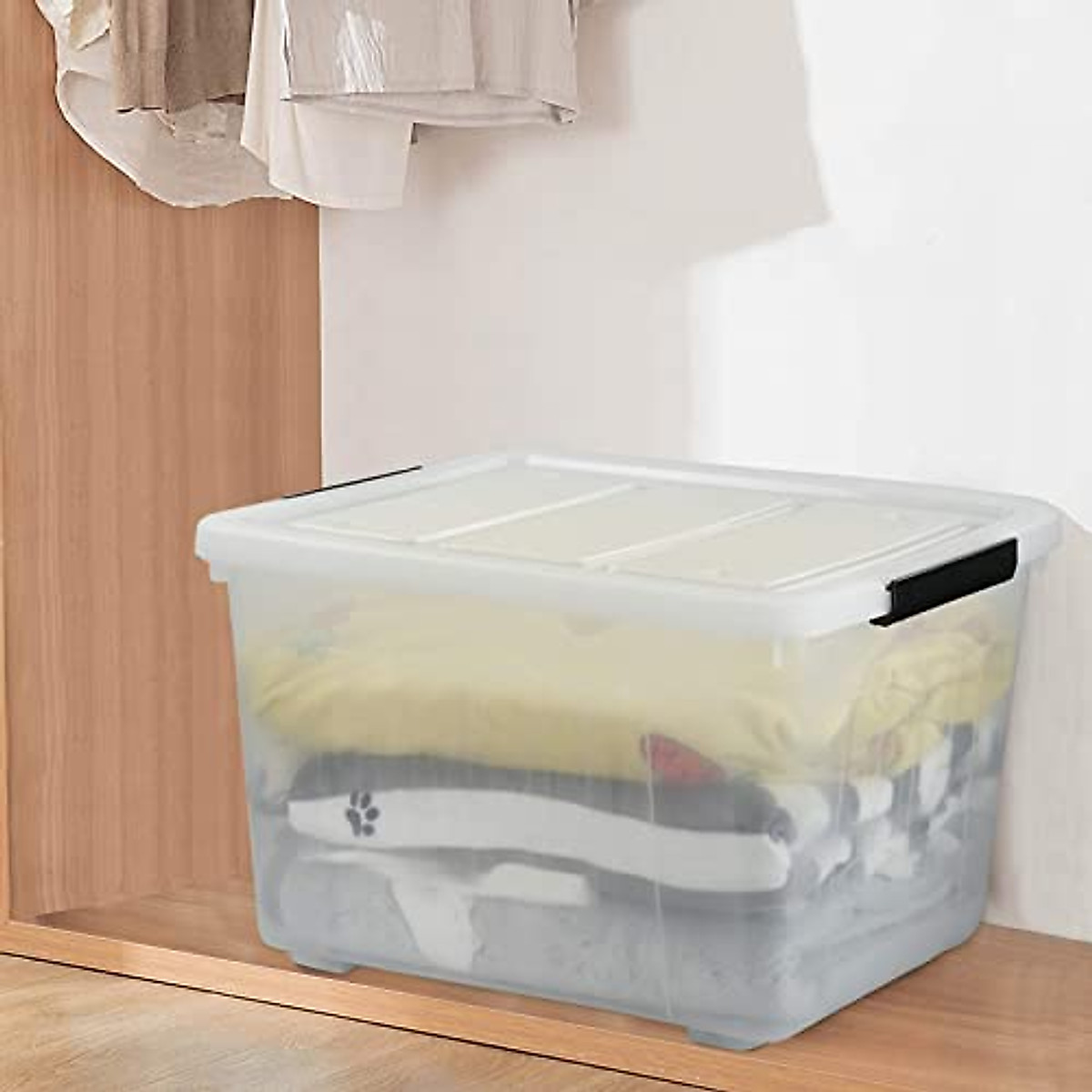Waikhomes 4 Pack Large Plastic Storage Boxes, Large Lidded Storage Bins with Wheels, 70 L