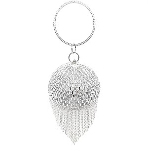 Woman Sliver Glitter Sparkly Tassel Bling Crossbody Chian Luxury Round Ball Bags Crystal Ladies Evening Bag Clutch Purse Diamond Wedding Party Purses Handbags for Women