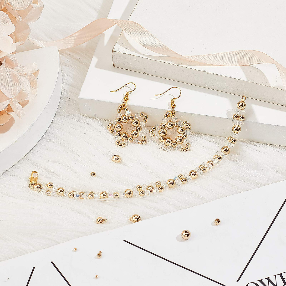 PH PandaHall 14K Gold Spacer Beads, 300pcs Round Brass Beads 5 Size Metal Smooth Beads Seamless Ball Beads Long-Lasting Little Beads for Summer Bracelet Necklace Jewelry DIY Crafts(2/3/4/5/6mm)