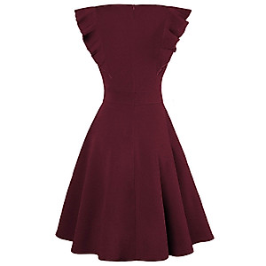 IHOT Wedding Guests Dress for Women Vintage Crew Neck Ruffle Sleeve Flared Casual Swing Church Party Date Night Bridemaid Cocktail Dresses with Pockets Wine Red Medium