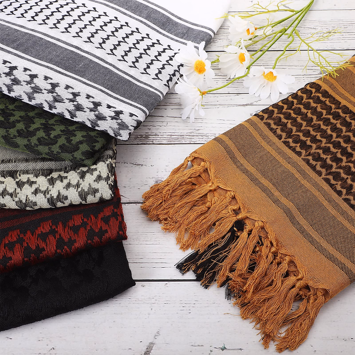 6 Pcs Military Shemagh Tactical Desert Scarf Shemagh Scarf Men Neck Head Wraps for Men Cotton Keffiyeh Arab Wrap with Tassel, 43 x 43 Inch