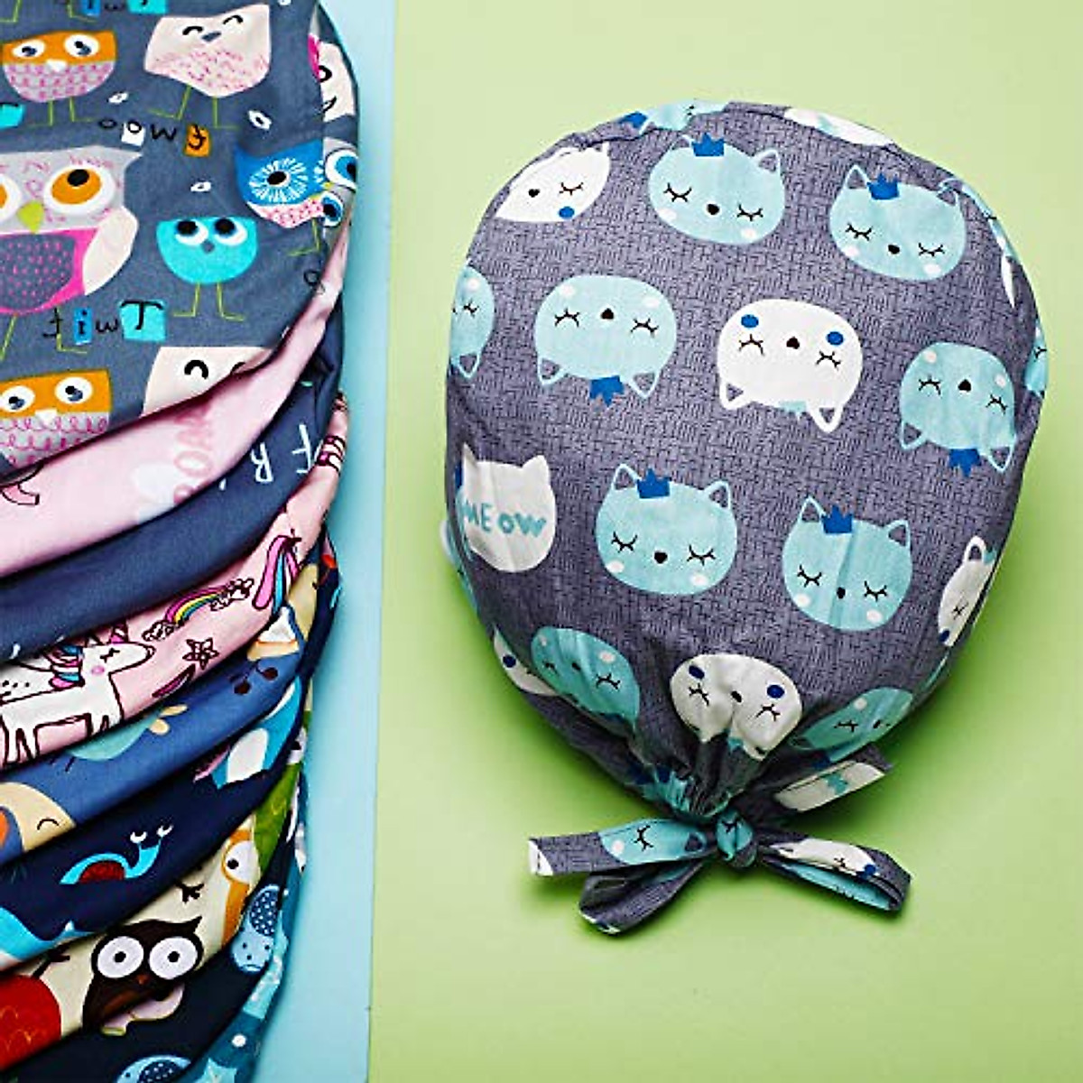 6 Pieces Scrub Caps with Buttons Women Working Cap Adjustable Sweatband Bouffant Hats (Cute Animals)