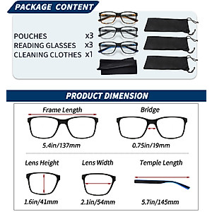 JJWELL 3 Pack Reading Glasses for Men Blue Light Blocking with Spring Hinge, Anti Eyestrain/Dryness/UV Large Wide Square Readers for Men, Two Tone Computer Reader Glasses Eyeglass(1.75 Strength)