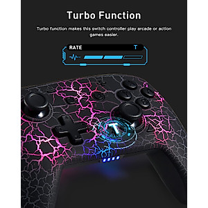 Switch Controller, Wireless Switch Pro Controller for Switch/Switch Lite/Switch OLED, 8 Colors Adjustable LED Wireless Remote Gamepad with Unique Crack/Turbo/Motion Control (Black)