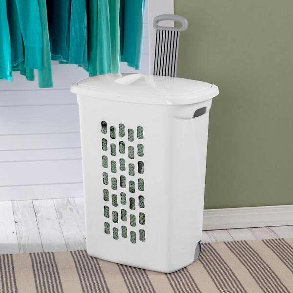 Wheeled Laundry Hamper White with Retractable Handle Large Portable Rolling Laundry Basket With Lid For Dirty Clothes - Made In USA