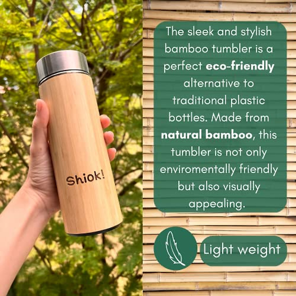 Shiok! Premium Bamboo Tea Tumbler with Strainer. 17 Oz Capacity Stainless Steel Thermos. Durable Double Walled Vacuum Insulated Travel Mug with filter. Keeps Hot & Cold up to 12hrs