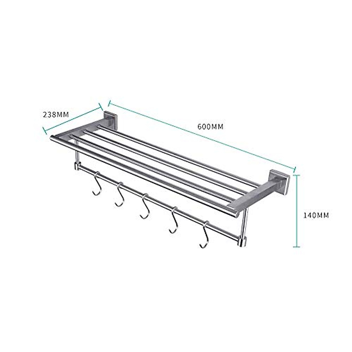 Towel Rack 304 Stainless Steel Bath Towel Rack Simple with Hook Kitchen Bathroom Rack Silver 23.8X60X14cm